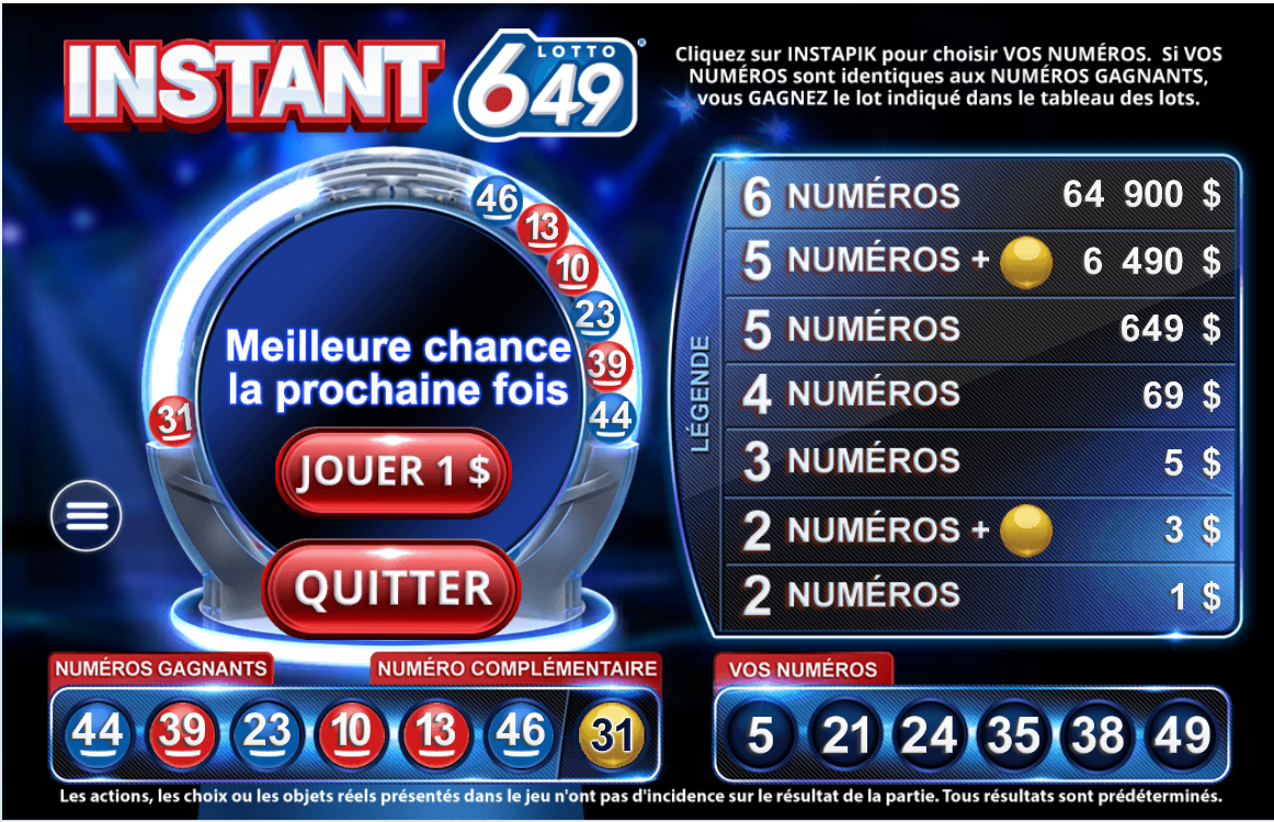 Lotto instantane 649 Jeux de hasard en ligne au Canada atlantique ALC